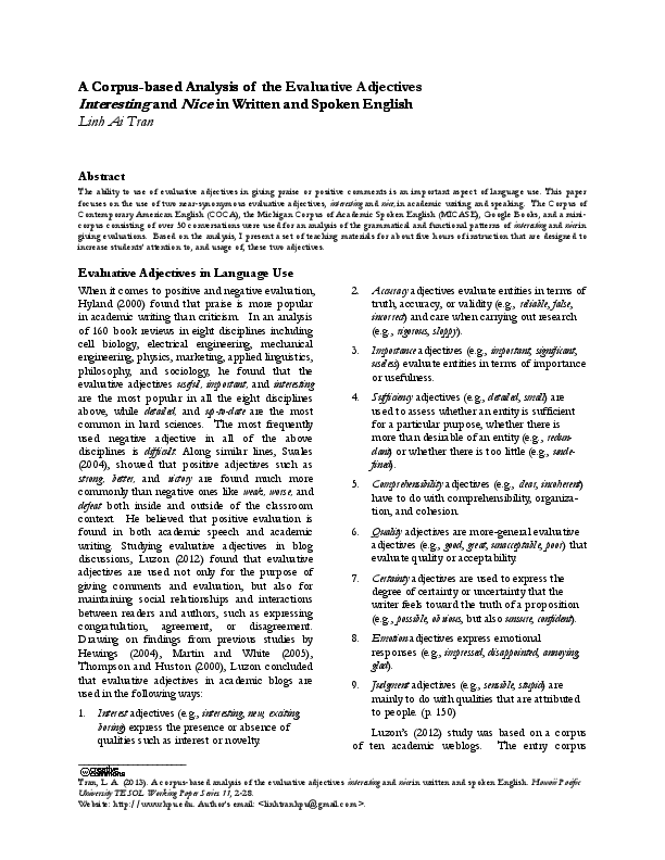 (PDF) A Corpus-based Analysis of the Evaluative Adjectives Interesting and Nice in Written and ...