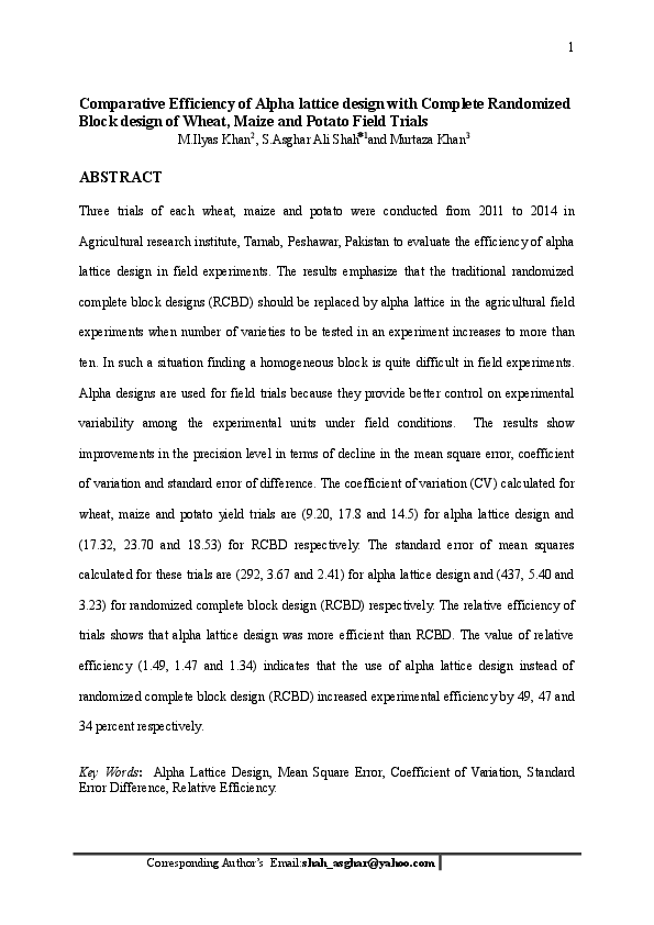 (DOC) comparative efficiency of Alpha lattice Vs RCB design in agricultural Research Experiments