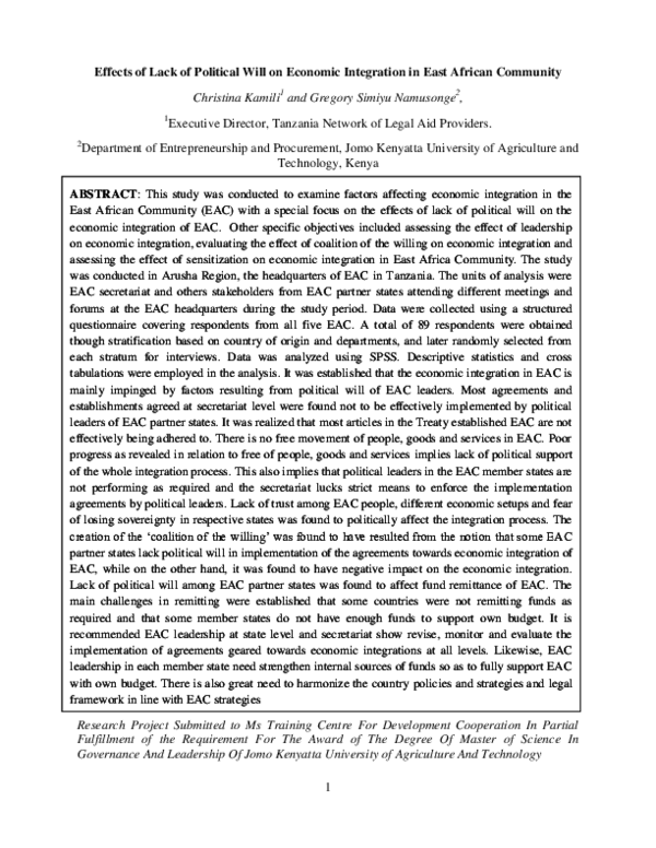 (PDF) Effects of Political Will on Economic Integration in East African ...