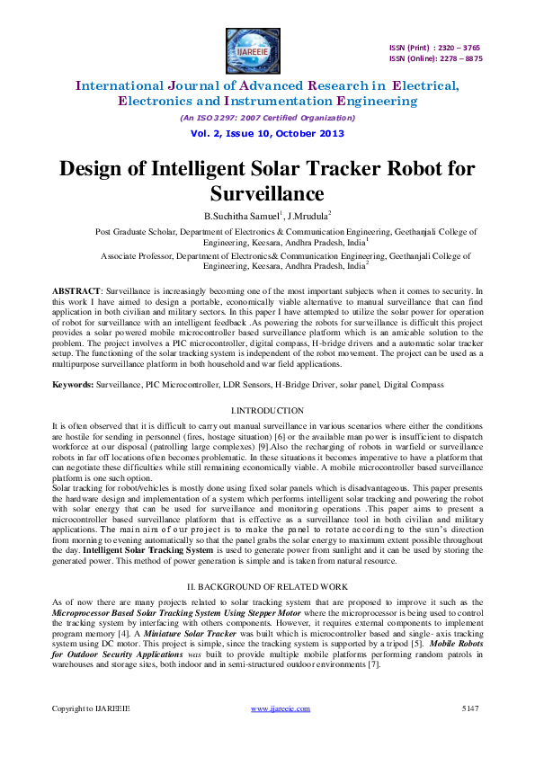 (PDF) Design of Intelligent Solar Tracker Robot for Surveillance