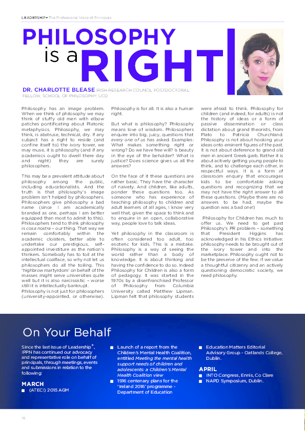 (PDF) "Philosophy is a Right" in Leadership+ Magazine