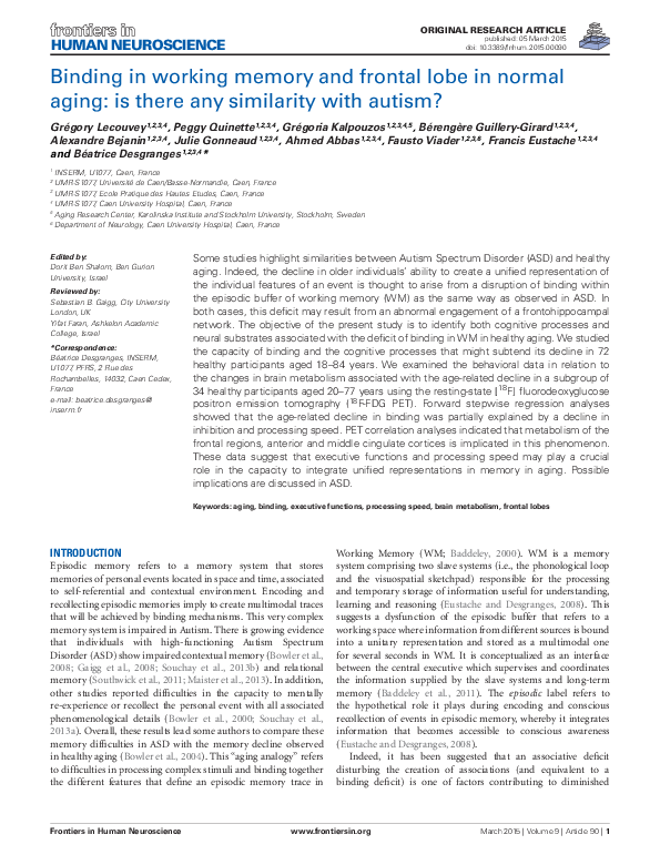 (PDF) Binding in working memory and frontal lobe in normal aging: is there any similarity with ...