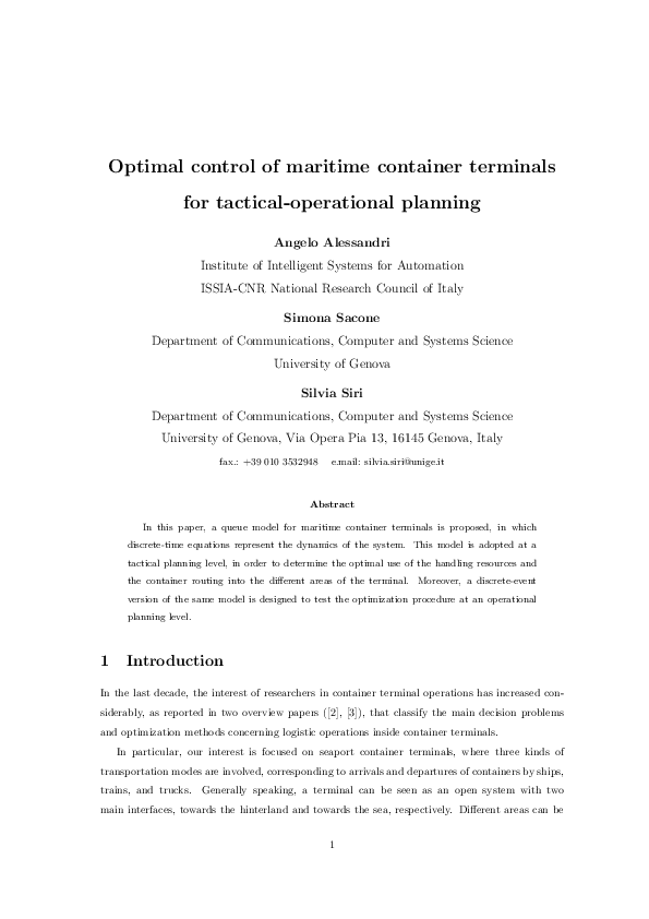 Pdf Optimal Control Of Maritime Container Terminals For Tactical Operational Planning