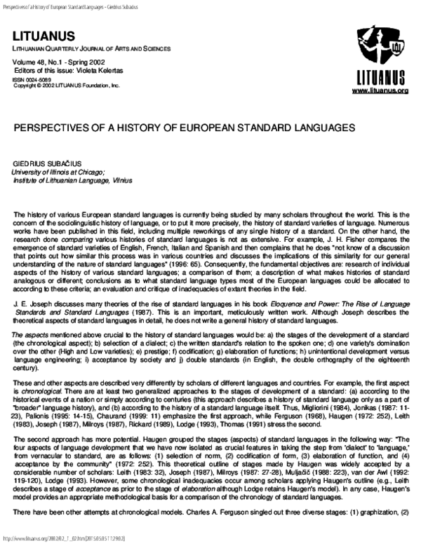 (PDF) Perspectives of a History of European Standard Languages