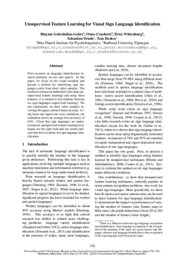 (PDF) Unsupervised feature learning for visual sign language identification