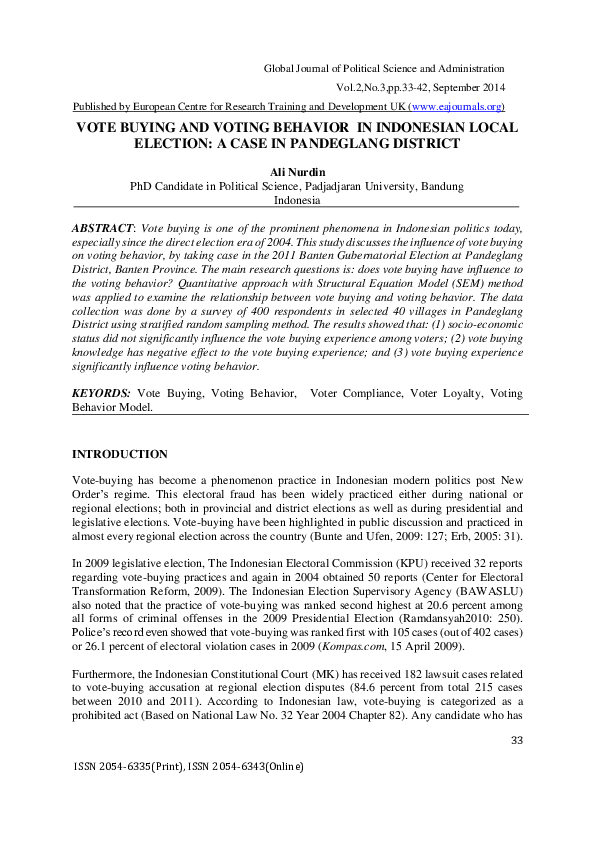 (PDF) Vote Buying and Voting Behavior in Indonesia Local Election