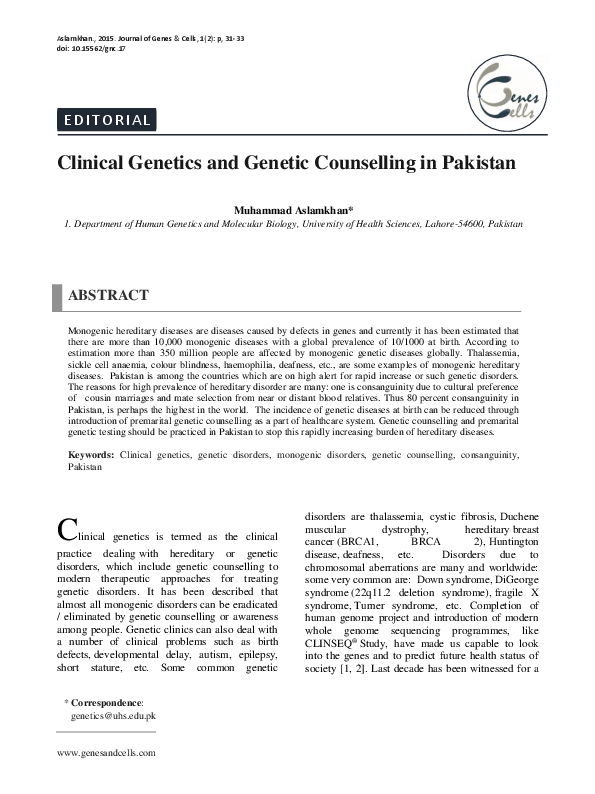 (PDF) Clinical Genetics and Genetic Counselling in Pakistan
