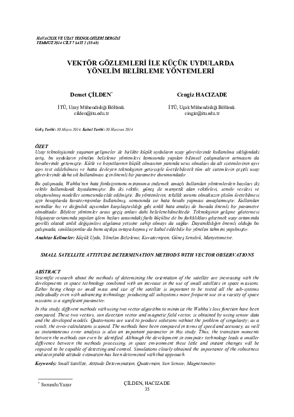(PDF) VEKTÖR GÖZLEMLERİ İLE KÜÇÜK UYDULARDA YÖNELİM BELİRLEME YÖNTEMLERİ