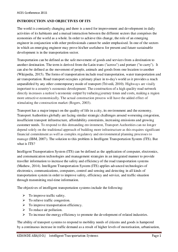 (PDF) Intelligent Transportation Systems
