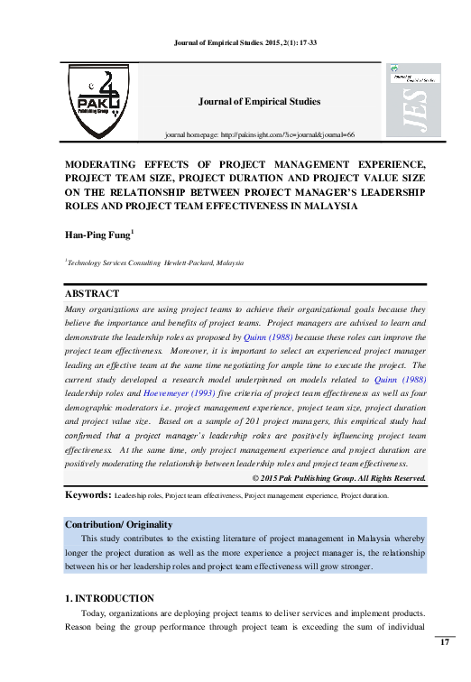 MODERATING EFFECTS OF PROJECT MANAGEMENT EXPERIENCE, PROJECT TEAM SIZE ...