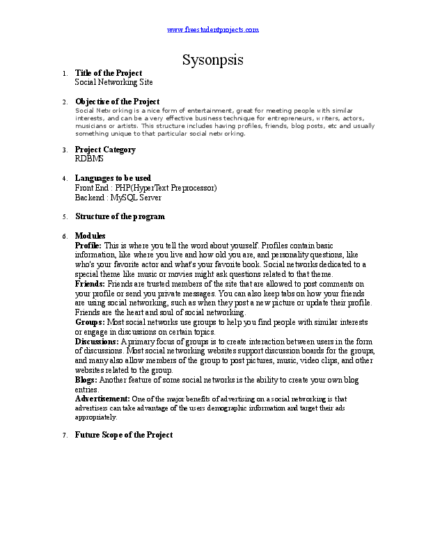 (DOC) Title of the Project Social Networking Site 2. Objective of the ...