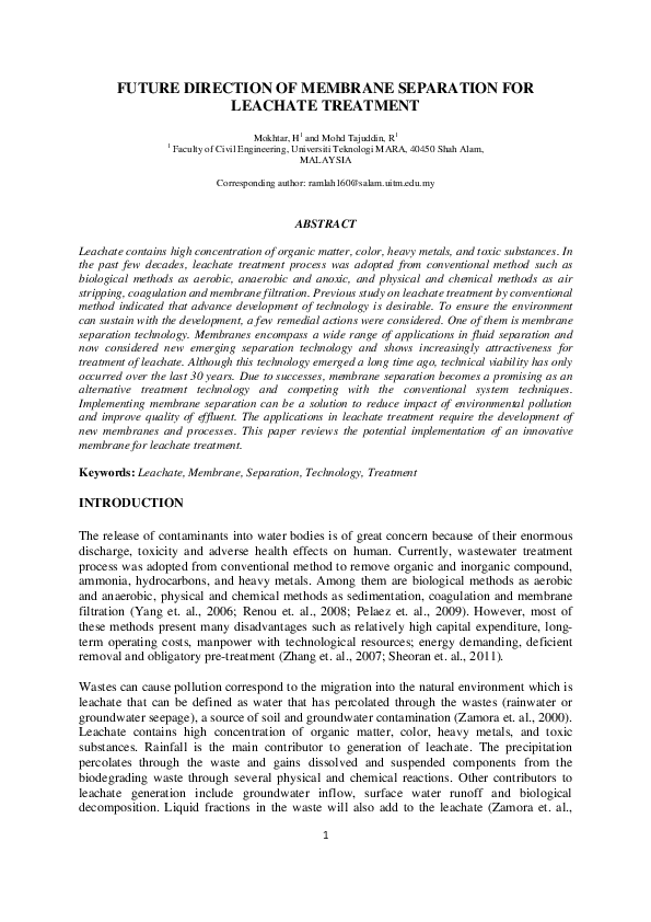 FUTURE DIRECTION OF MEMBRANE SEPARATION FOR LEACHATE TREATMENT ...