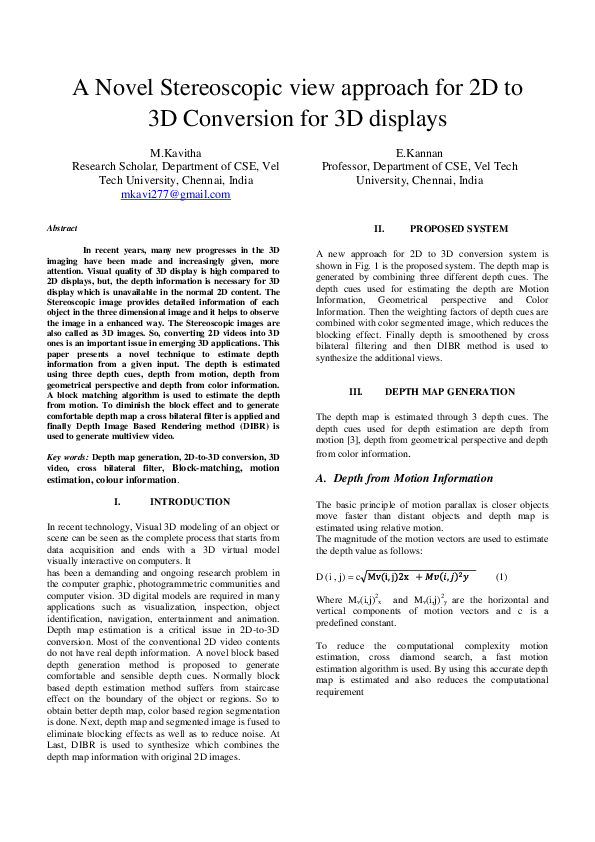 (PDF) A Novel Stereoscopic view approach for 2D to 3D Conversion for 3D displays