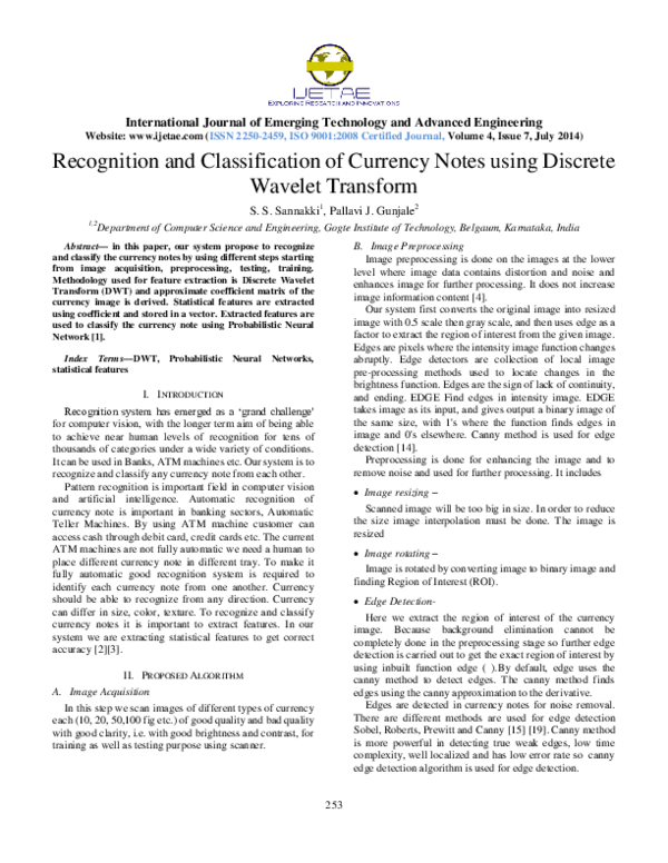Pdf Recognition And Classification Of Currency Notes Using Discrete Wavelet Transform