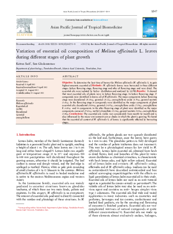 (PDF) Variation of essential oil composition of Melissa officinalisL ...