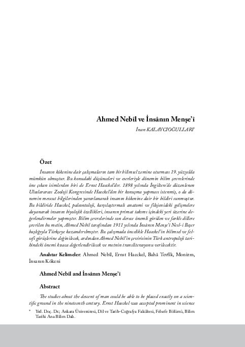 (PDF) Ahmed Nebîl ve İnsânın Menşe’î, İNAN KALAYCIOĞULLARI