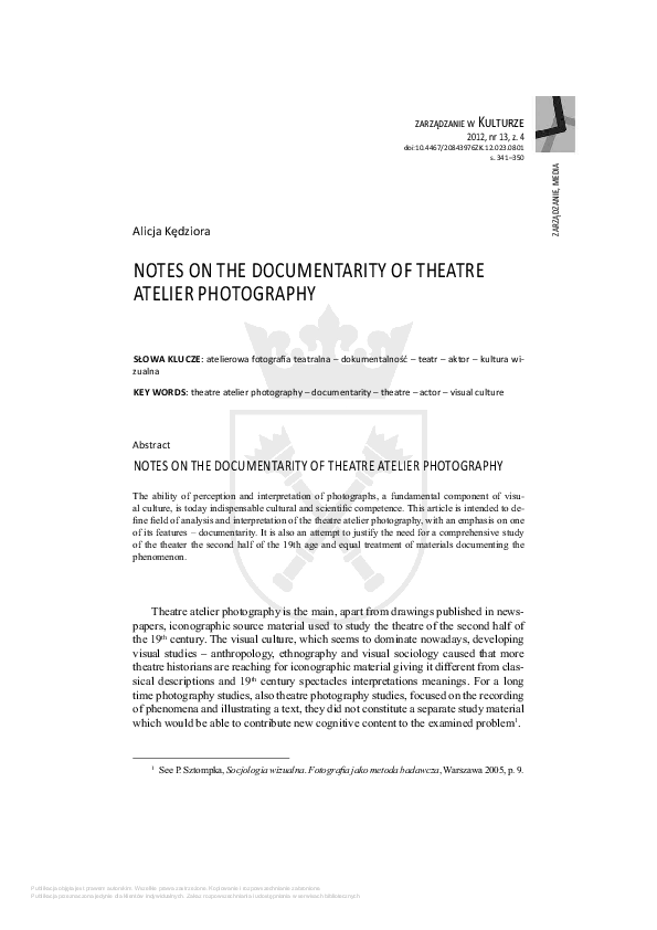 NOTES ON THE DOCUMENTARITY OF THEATRE ATELIER PHOTOGRAPHY