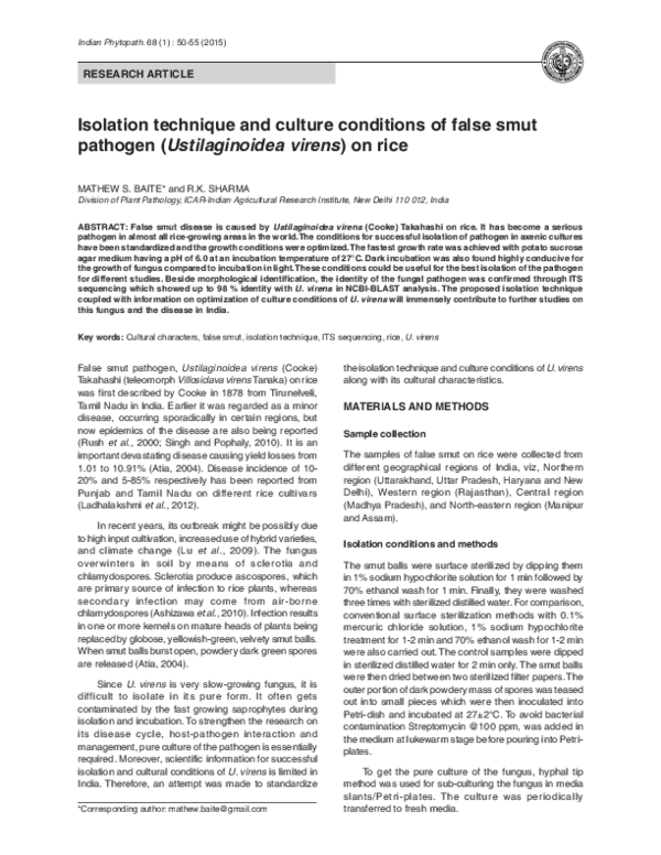 (PDF) Isolation technique and culture conditions of false smut pathogen (Ustilaginoidea virens ...