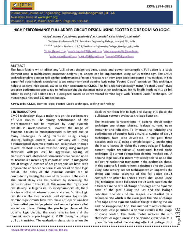 Pdf High Performance Full Adder Circuit Design Using Footed Diode Domino Logic
