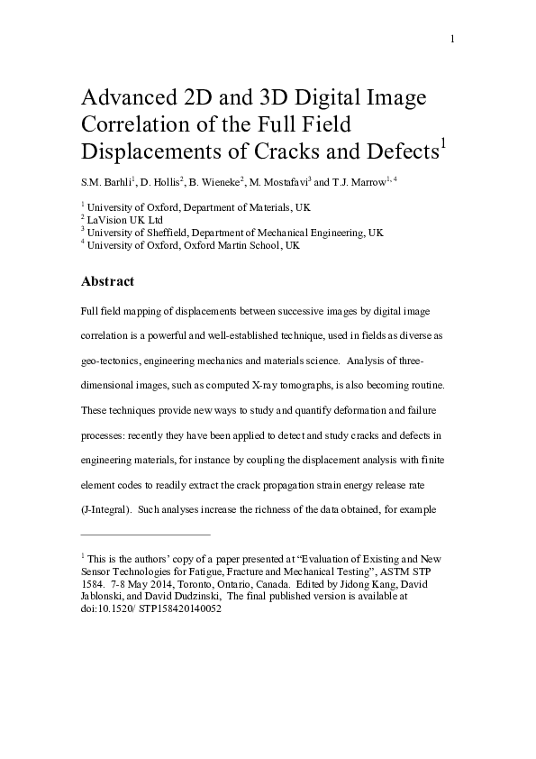(PDF) Advanced 2D and 3D Digital Image Correlation of the Full Field Displacements of Cracks and ...