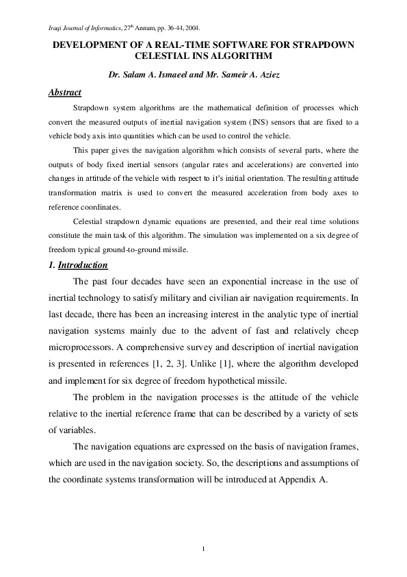 Pdf Development Of A Real Time Software For Strapdown Celestial Ins Algorithm