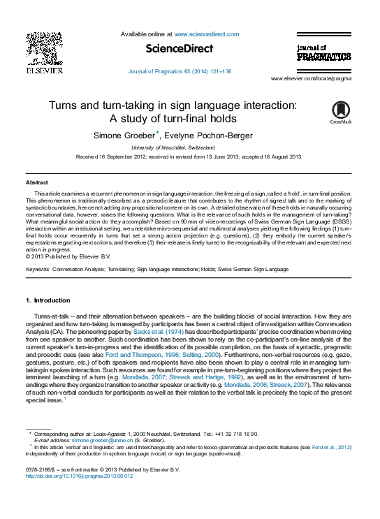 (PDF) Turns and turn-taking in sign language interaction: a study of ...