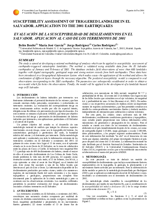 (PDF) SUSCEPTIBILITY ASSESSEMNT OF TRIGGERED LANDSLIDE IN EL SALVADOR. APPLICATION TO THE 2001 ...