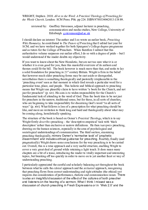 Book Review: WRIGHT, Stephen. 2010. Alive to the Word: A Practical ...