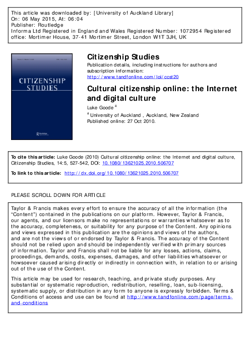 Cultural citizenship online: the Internet and digital culture