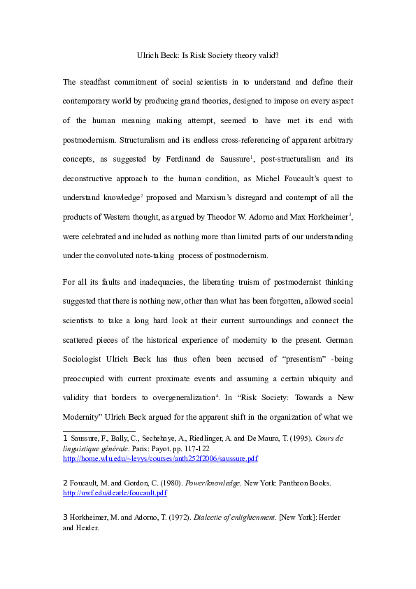 (DOC) Ulrich Beck and the theory of Risk Society