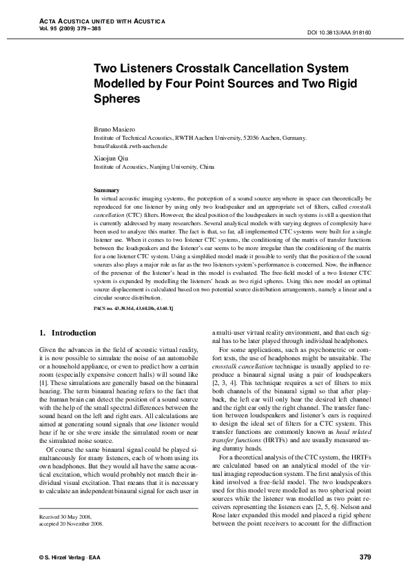 Pdf Two Listeners Crosstalk Cancellation System Modelled By Four Point Sources And Two Rigid