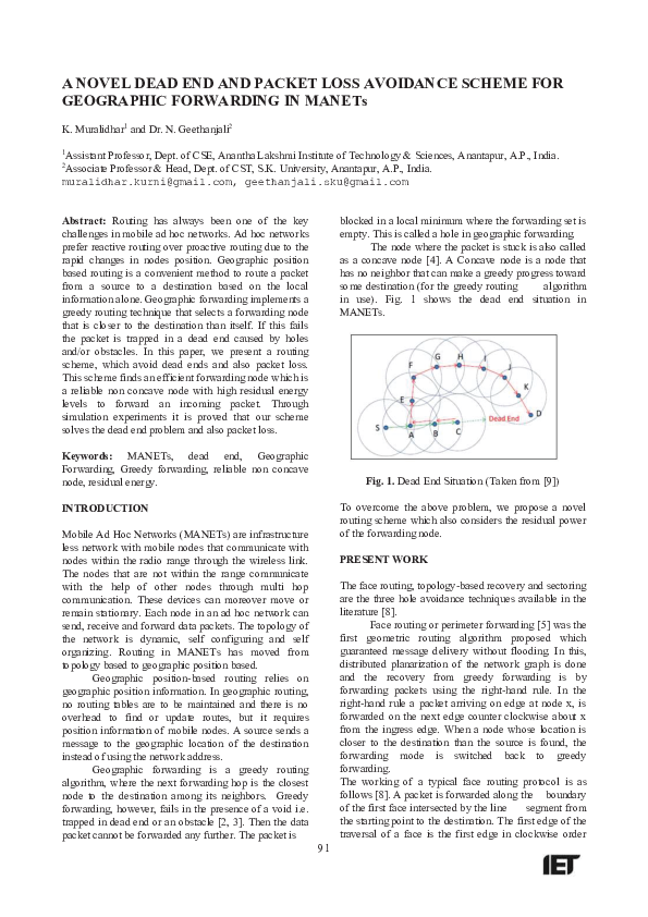 Pdf A Novel Dead End And Packet Loss Avoidance Scheme For Geographic Forwarding In Manets