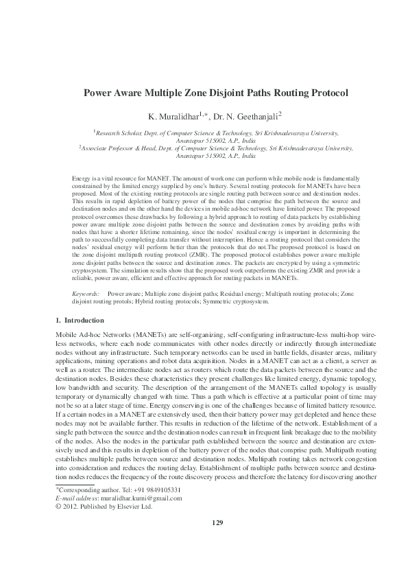 (PDF) Power Aware Multiple Zone Disjoint Paths Routing Protocol