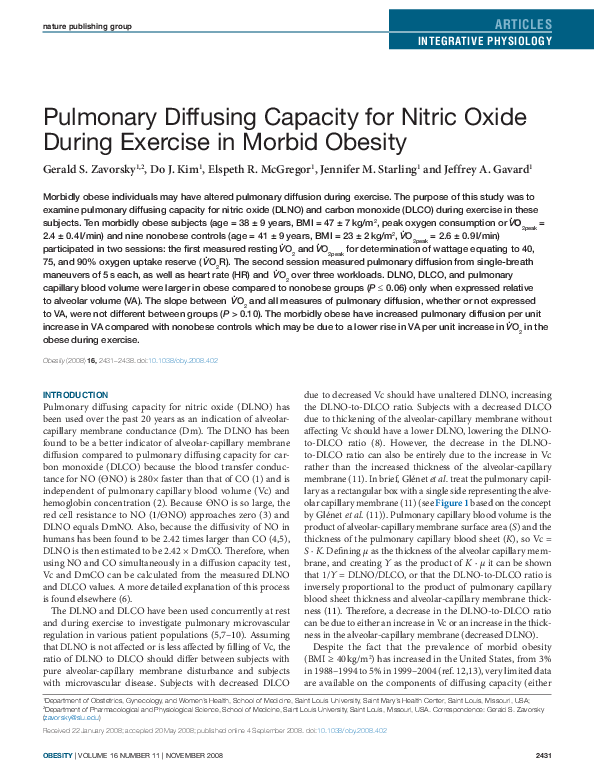 Pdf Pulmonary Diffusing Capacity For Nitric Oxide During Exercise In Morbid Obesity