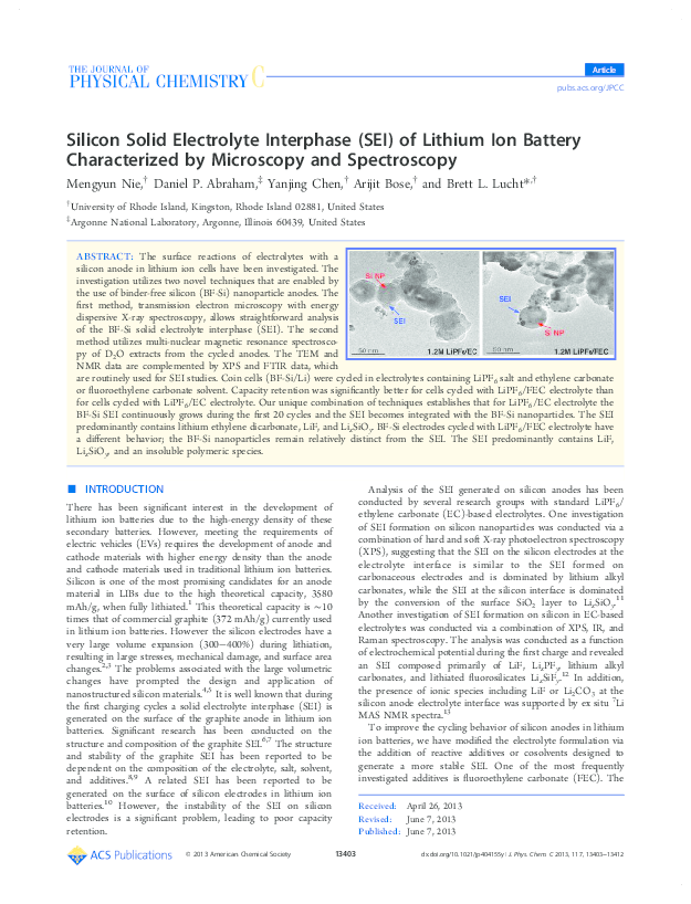 Silicon Solid Electrolyte Interphase (SEI) of Lithium Ion Battery Characterized by Microscopy ...