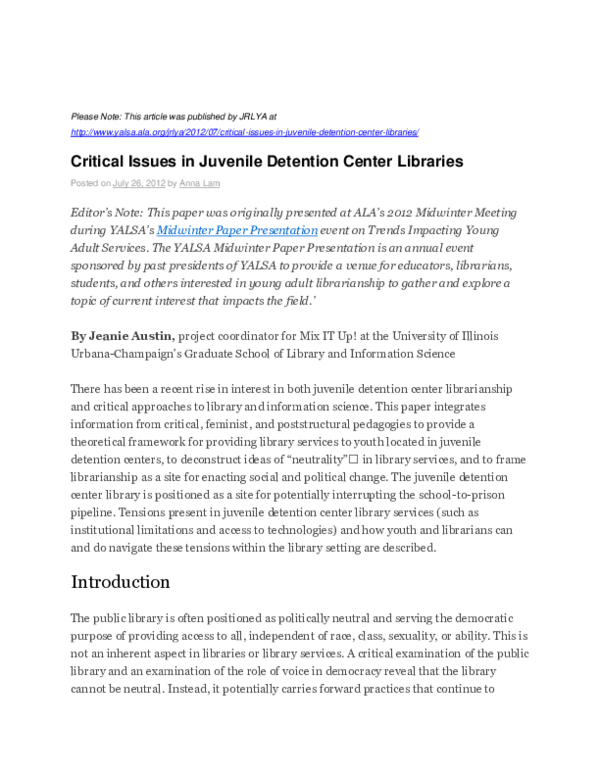(PDF) Critical Issues in Juvenile Detention Center Libraries