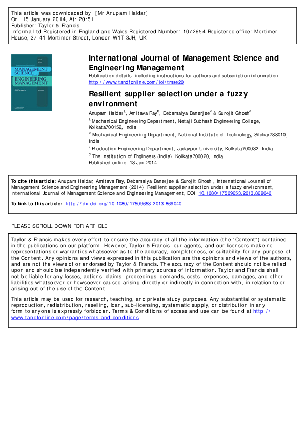 Resilient Supplier Selection Under A Fuzzy Environment