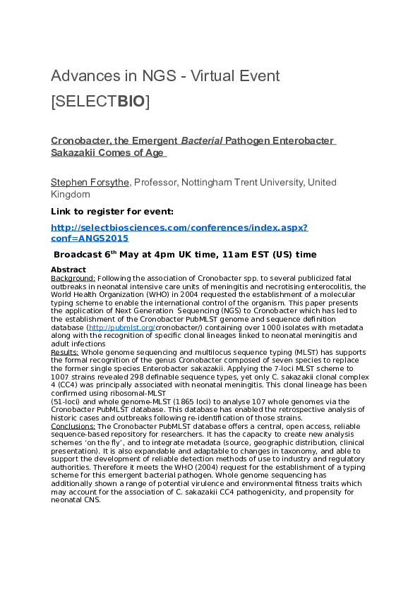 (DOC) Cronobacter, the Emergent Bacterial Pathogen Enterobacter ...