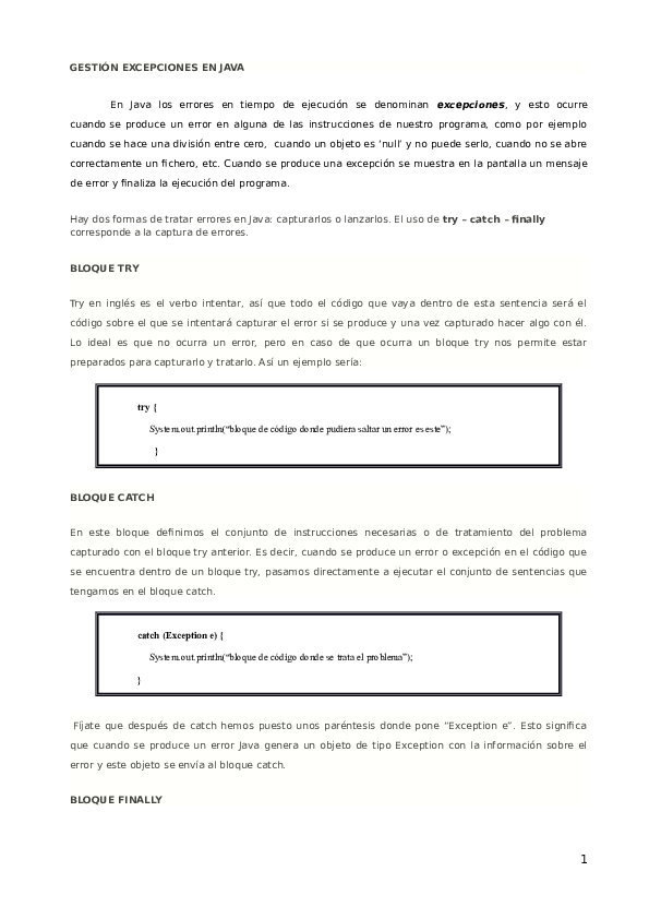 (DOC) GESTIÓN EXCEPCIONES EN JAVA