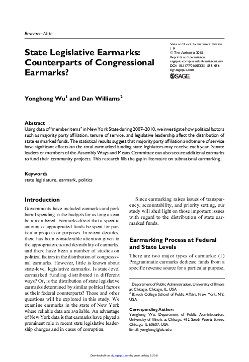 (PDF) State Legislative Earmarks: Counterparts of Congressional Earmarks?