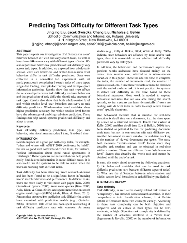Pdf Predicting Task Difficulty For Different Task Types