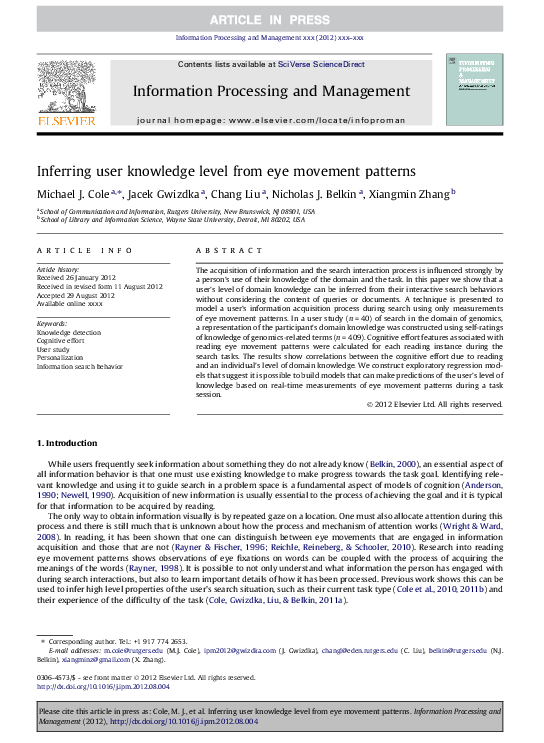 (PDF) Inferring user knowledge level from eye movement patterns