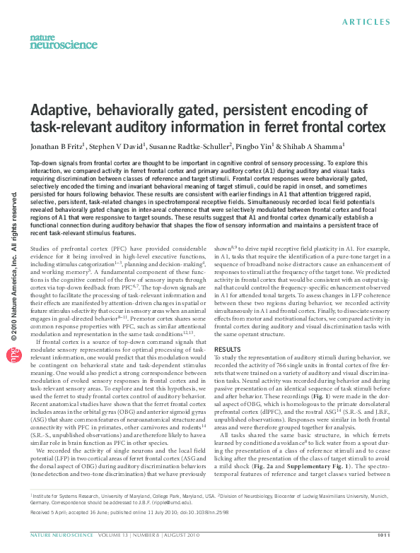 (PDF) Adaptive, behaviorally gated, persistent encoding of task-relevant auditory information in ...