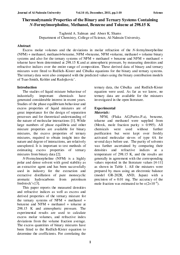 Pdf Thermodynamic Properties Of The Binary And Ternary Systems Containing N Formylmorpholine