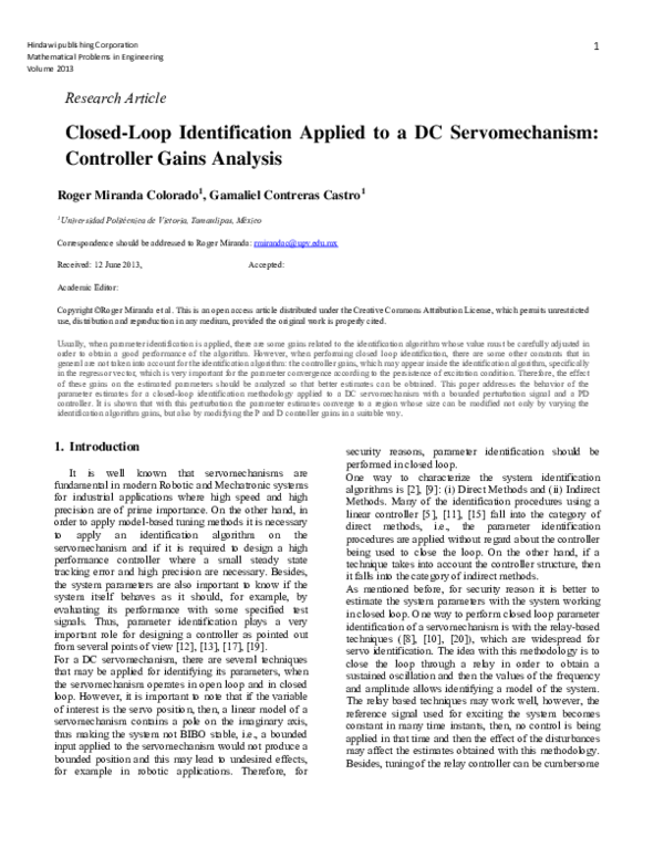 (PDF) Closed-Loop Identification Applied to a DC Servomechanism: Controller Gains Analysis