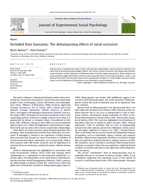 (PDF) Excluded from humanity: The dehumanizing effects of social ostracism