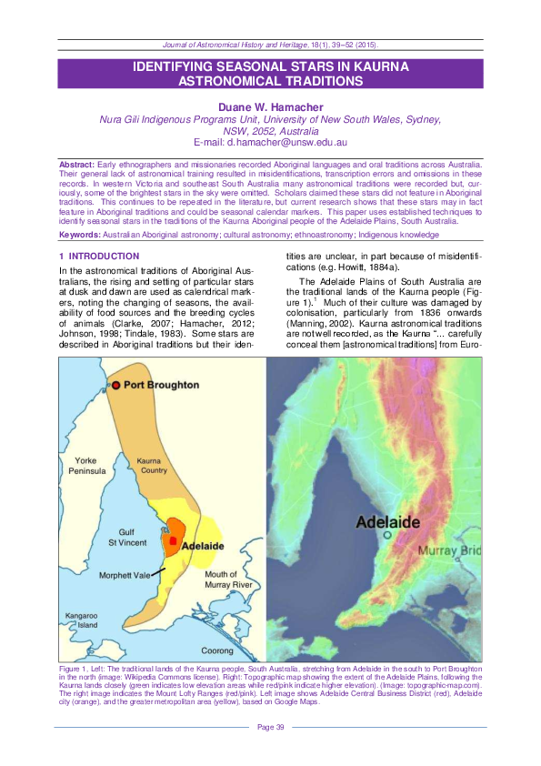 (PDF) Identifying seasonal stars in Kaurna astronomical traditions