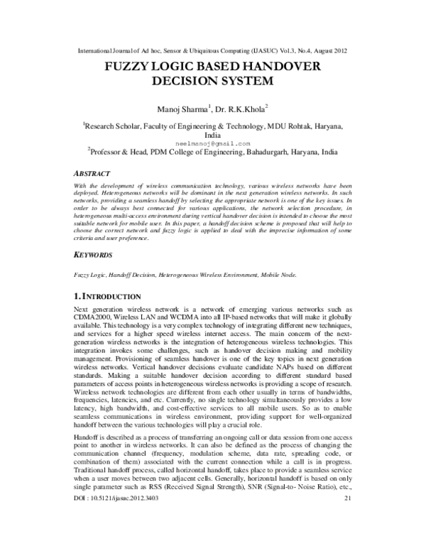 Pdf Fuzzy Logic Based Handover Decision System