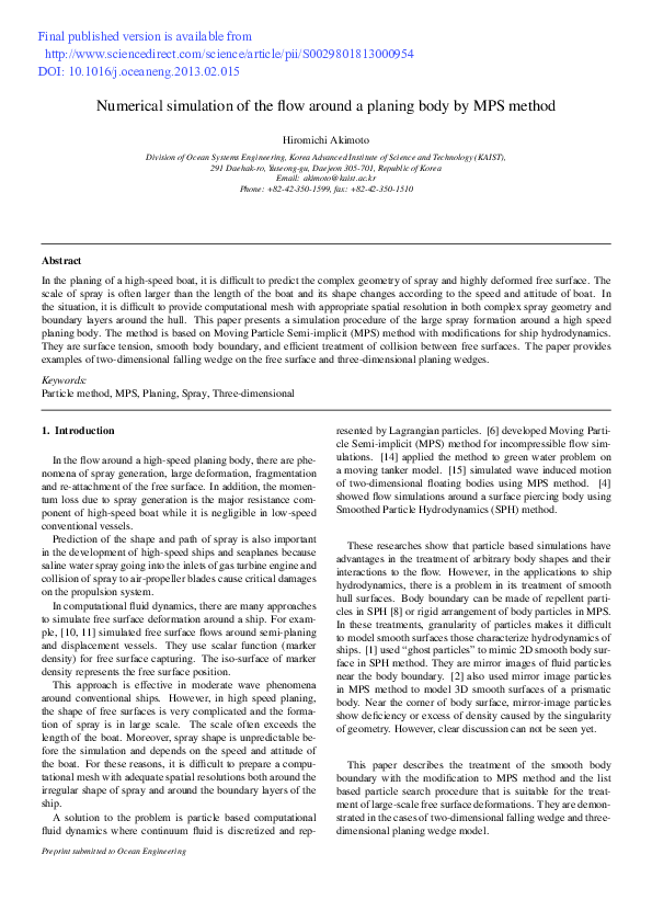 (PDF) Numerical simulation of the flow around a planing body by MPS method