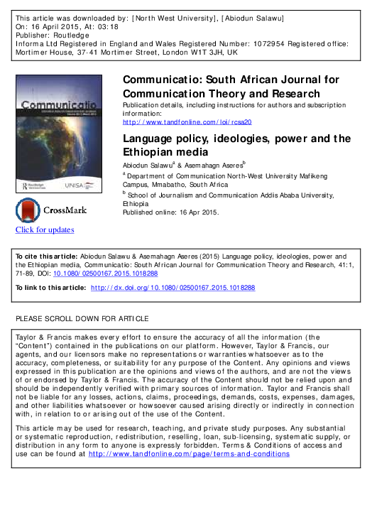 (PDF) Language policy, ideologies, power and the Ethiopian media